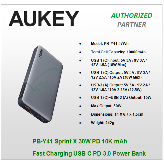 Aukey PB-Y41 Sprint X 30W PD 10K mAh Fast Charging USB C PD 3.0 Power ...