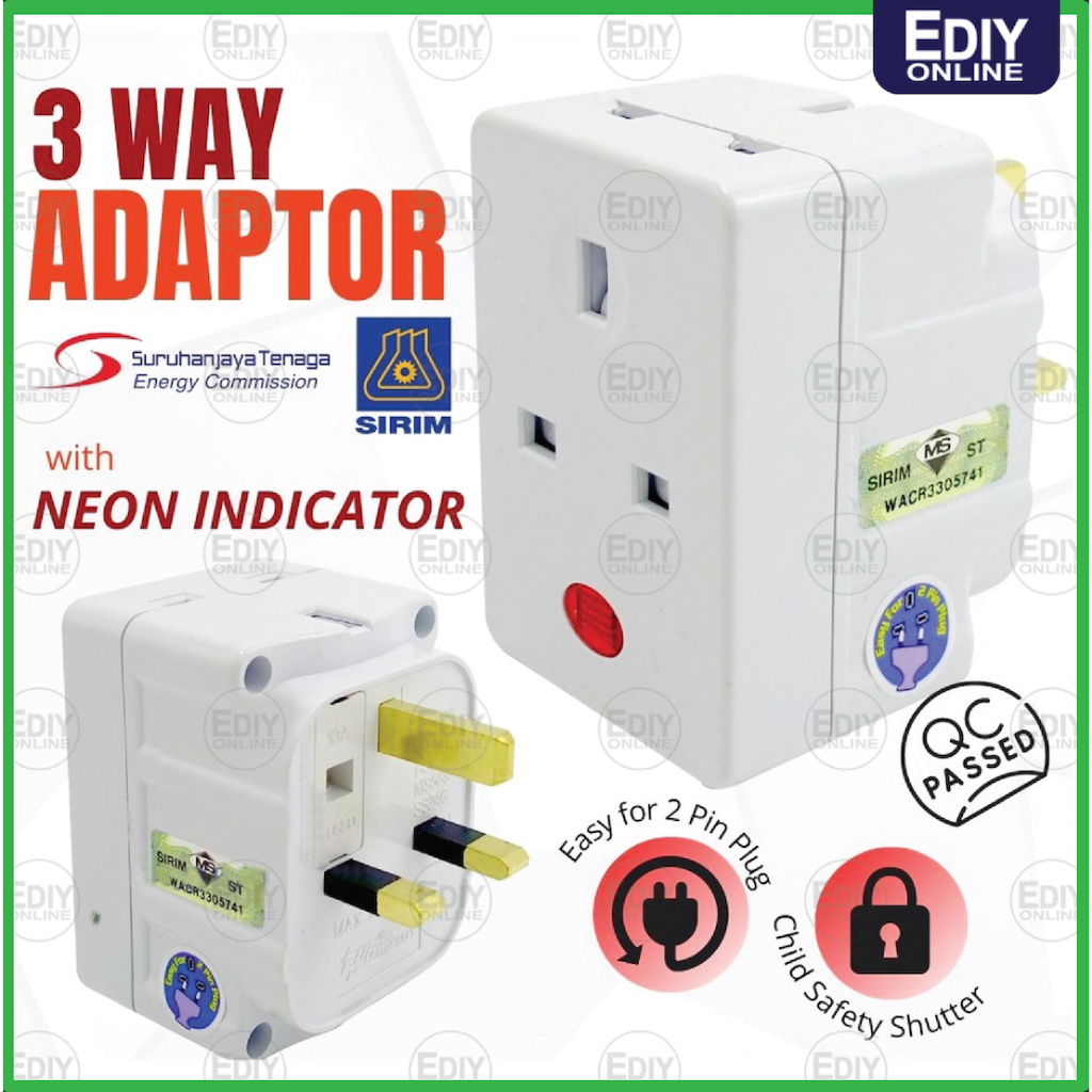MIN 3 WAY ADAPTOR ADAPTER 100% FULL COPPER QUALITY MAX 2000 WAT NEON ...