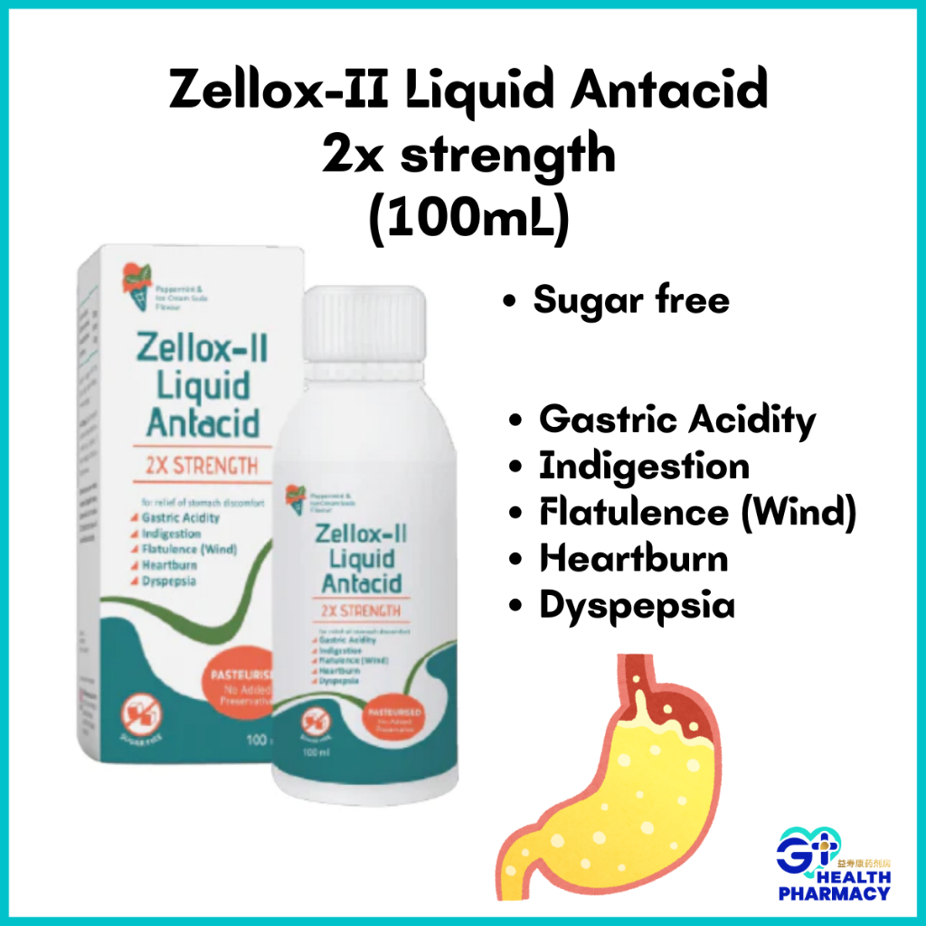 Zellox II Liquid Antacid Double Strength 100mL Sugar Free[Gastric/Indigestion/Bloating/Heartburn ...