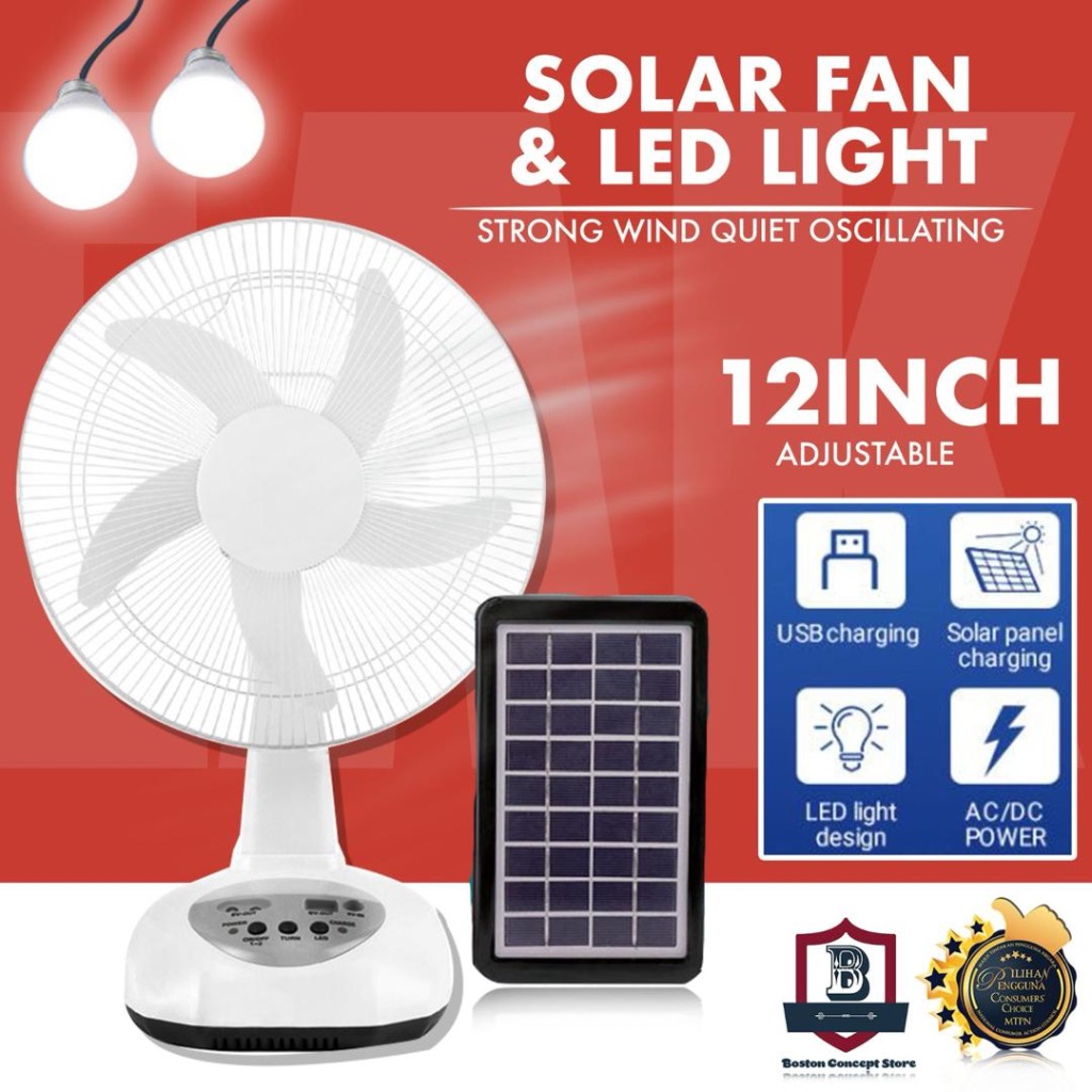 Solar Fan & LED Light Adjustable DC Fan 12" Strong Wind Quiet ...