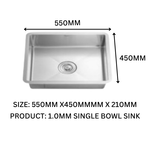 500mm 550mm Stainless Steel 1.0MM Thick UnderMount Kitchen Sink Bowl ...
