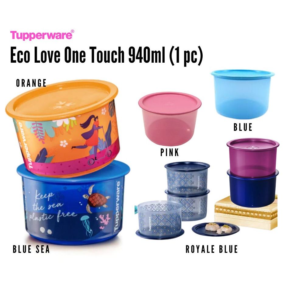 Tupperware OT One Touch Eco Love Pink Blue Garden Blooms 950ml (4pcs) Air Tight Food Container ...