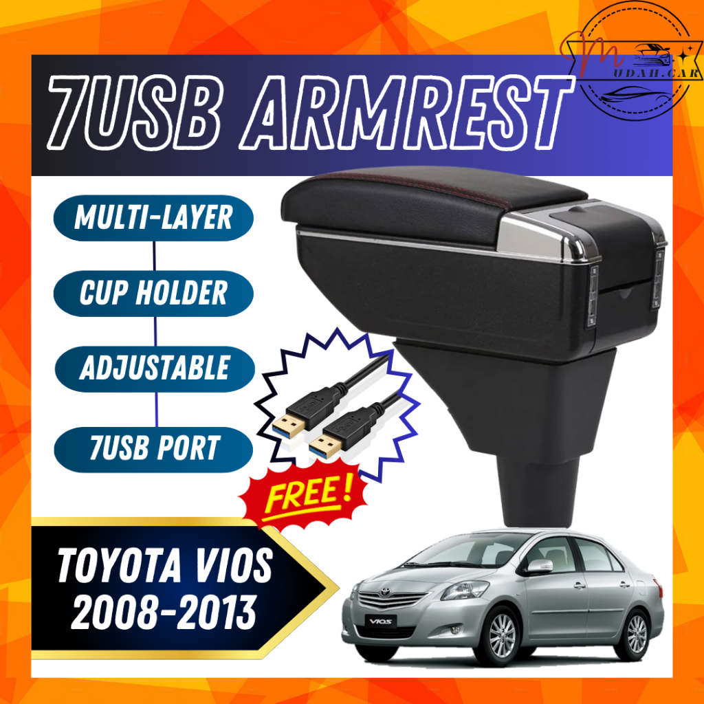Toyota Vios 2008-2013 Armrest 7usb Charging Port Leather Adjustable Cup ...