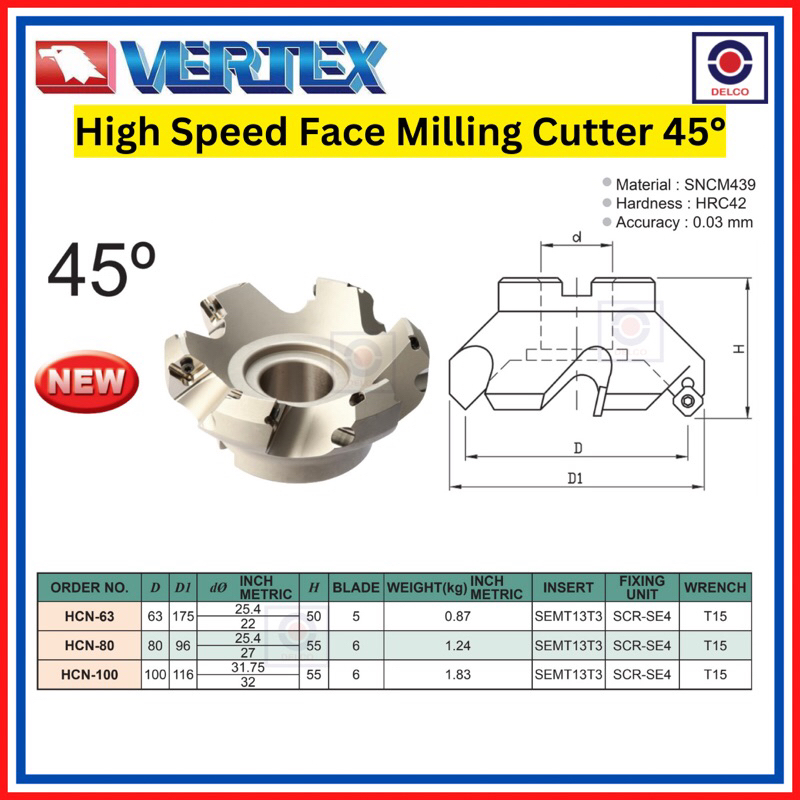 VERTEX TAIWAN HCN-80,100,125 High speed Face milling Cutter 45degree ...