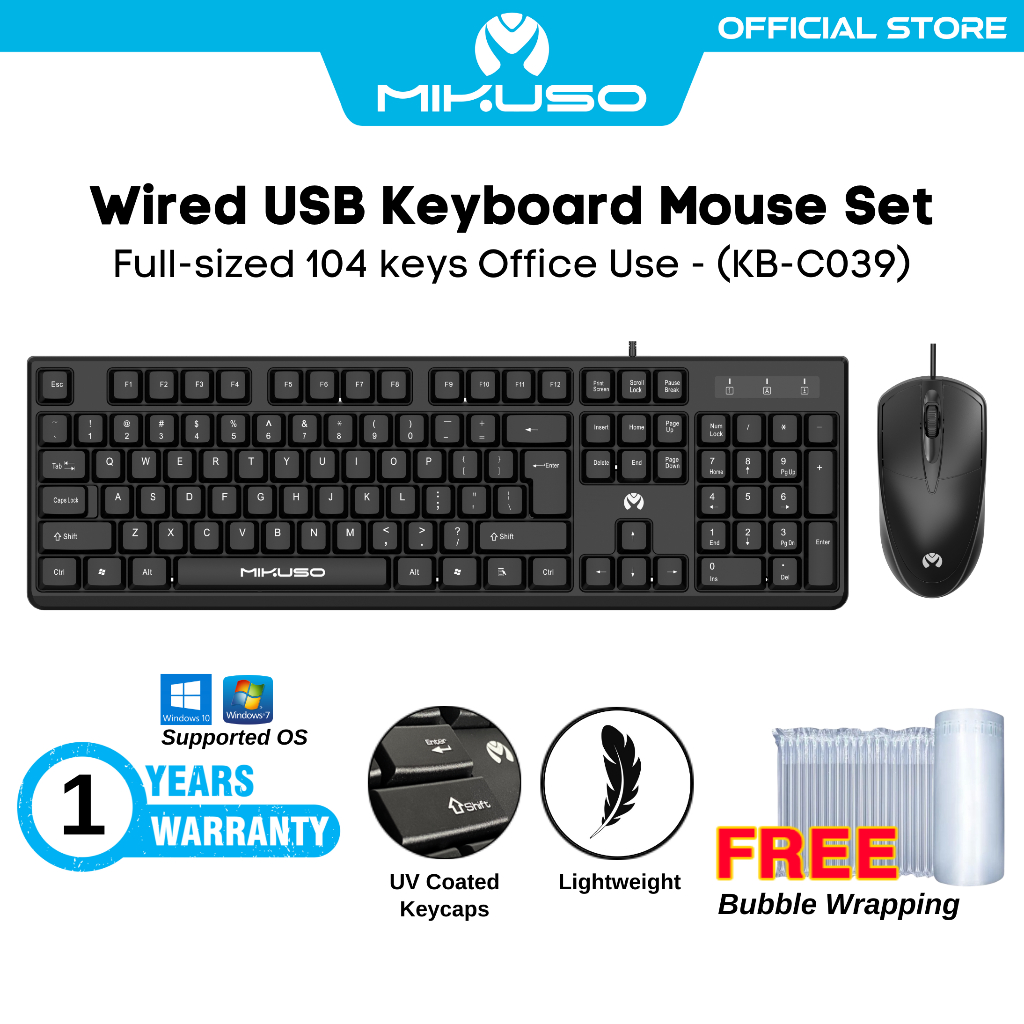MIKUSO KB-C039 Wired Keyboard and Mouse Set Combo | 104 Keys USB Full Size Office Home Use 1 ...