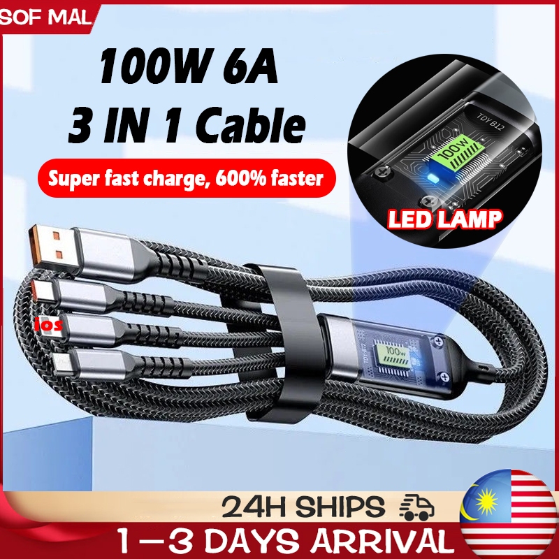 100w 3 in 1 Super Charging Cable 6A Micro USB Type C Fast Charger Type ...