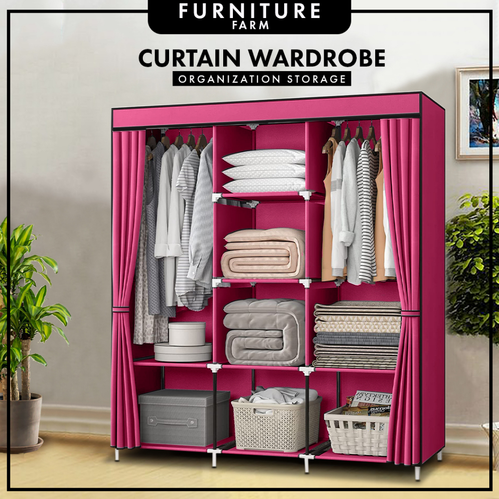 F&F: Curtain Wardrobe with drawer/almari baju/almari baju plastik kukuh ...