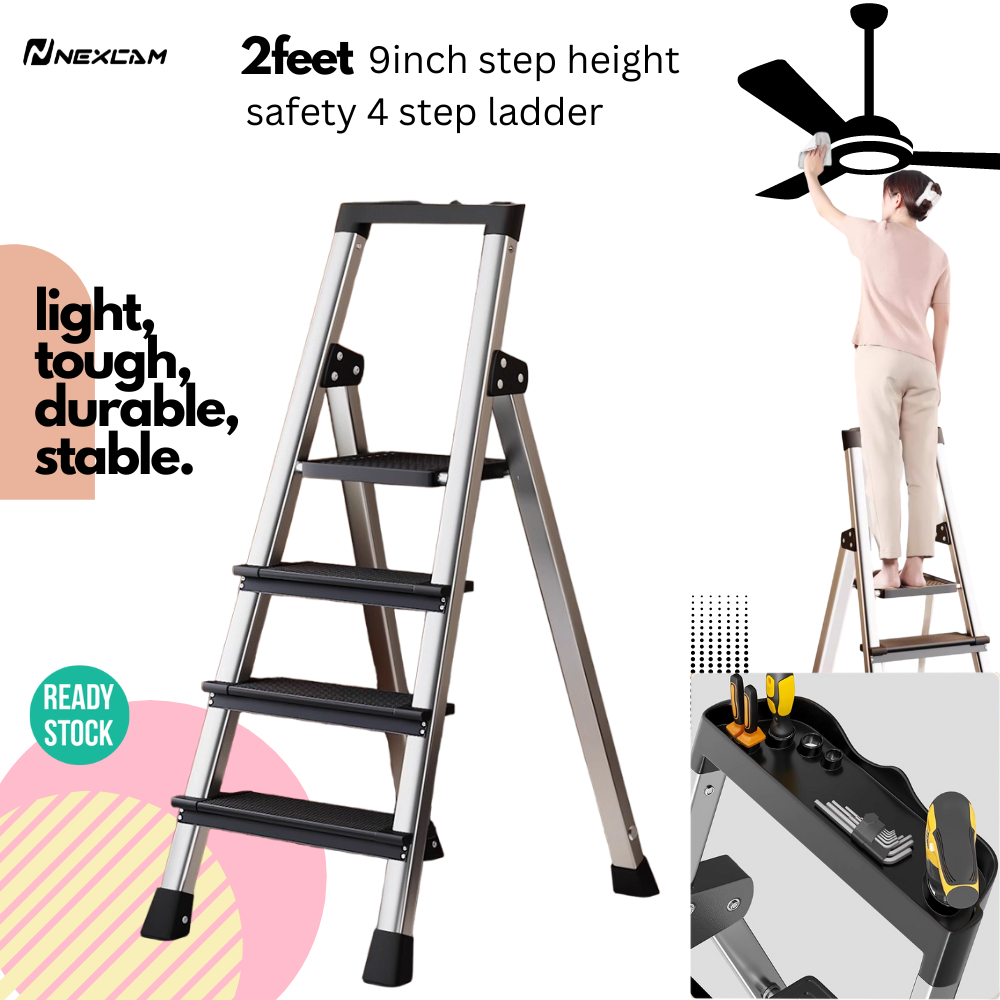 4 Steps Ladder Black Aluminum Lightweight Folding with Anti-Slip & Wide ...