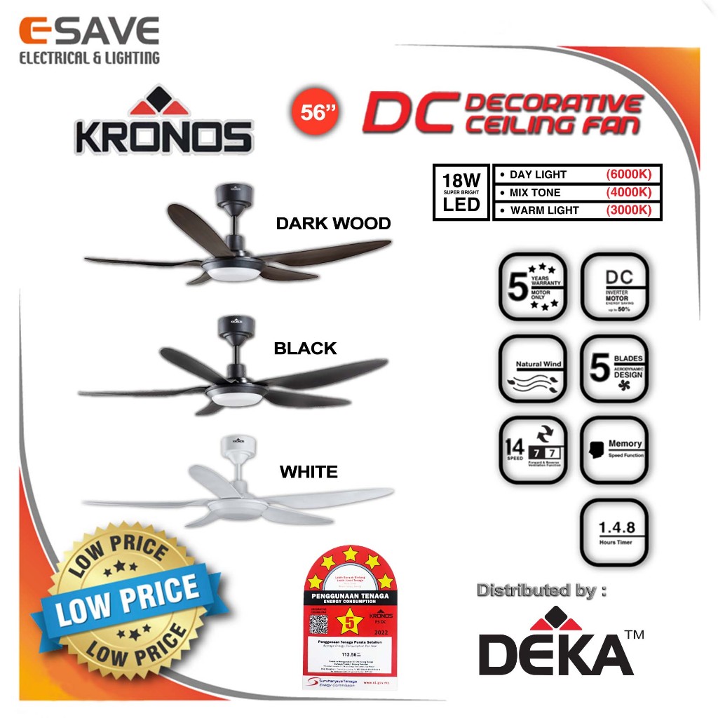 Deka Kronos F5DC L Remote control ceiling fan with 18W LED light / 46 ...