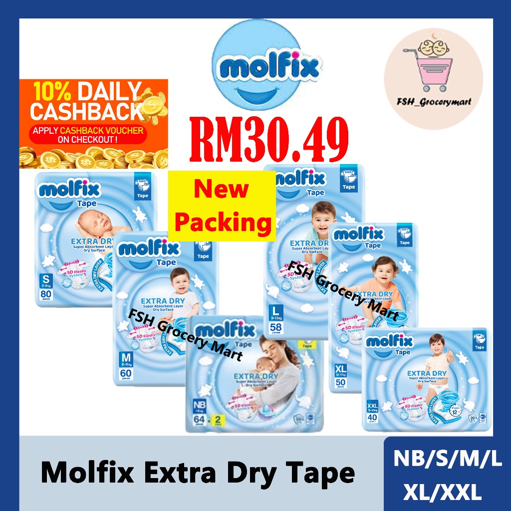 Molfix Extra Dry Super Jumbo Tape Diapers - NB60/S80/M60/L58/XL50/XXL40 ...