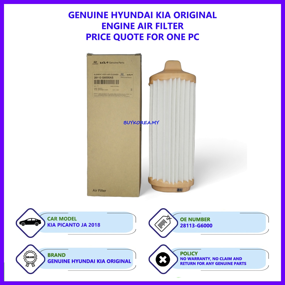 Kia Picanto JA 2018 Genuine Hyundai Mobis Engine Air Filter (28113 ...
