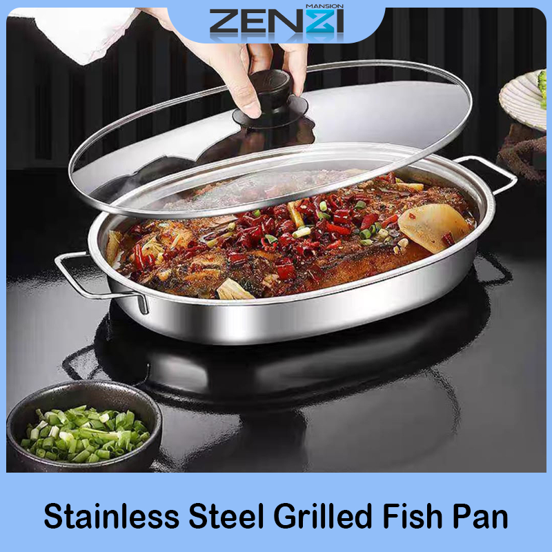 Stainless Steel Grilled Fish Pan With Glass Cover Steaming Food Grilled ...