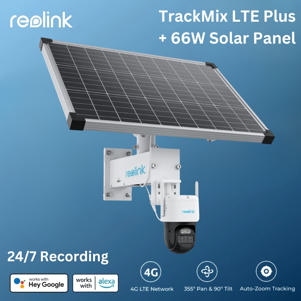 Reolink TrackMix LTE Plus 4G LTE Simcard Dual-Lens PTZ Battery Security Camera 24/7 Recording ...