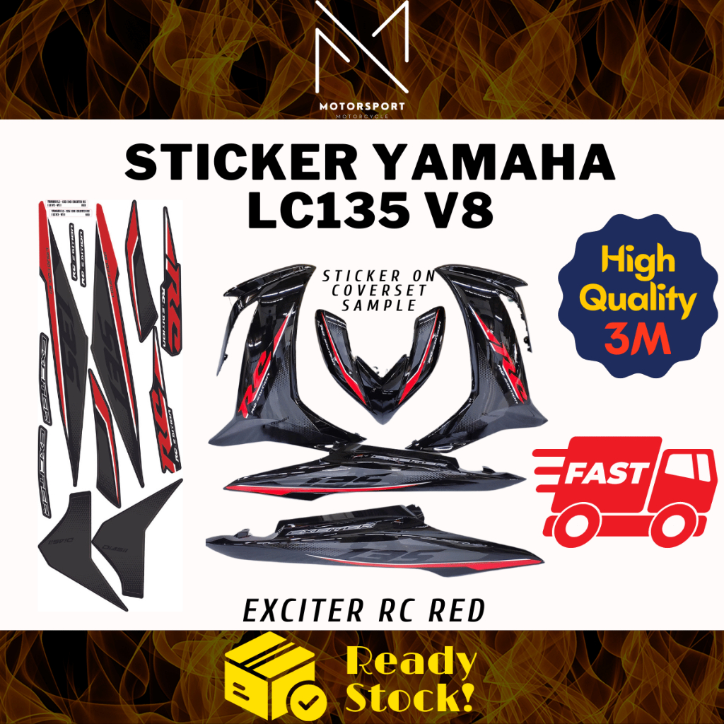 YAMAHA LC135 V8 Coverset Stripe Sticker Exciter Rc Red Black Kaverset ...