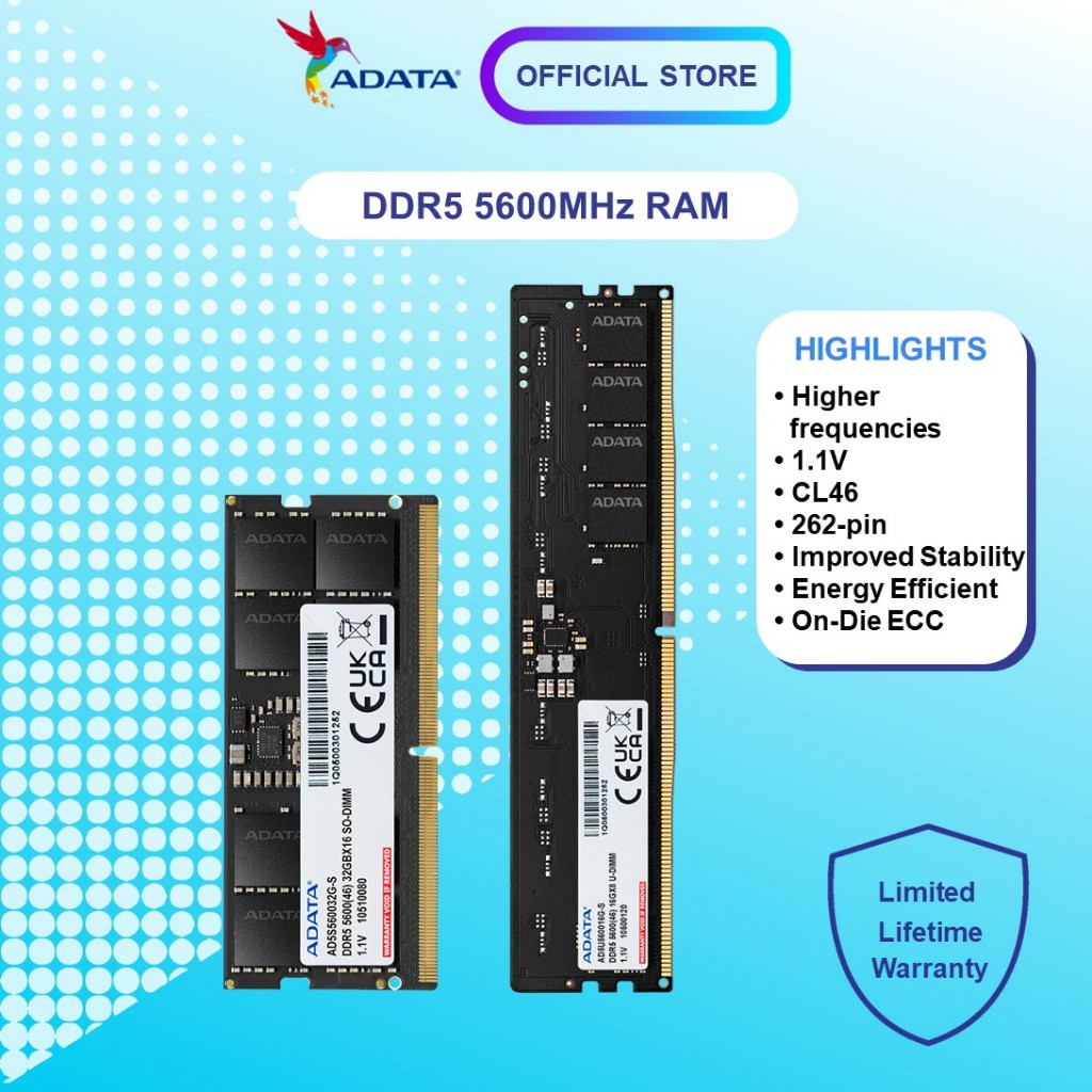 ADATA RAM DDR5/SO-DDR5 5600 U-DIMM/SO-DIMM (8GB/16GB/32GB) | Shopee ...
