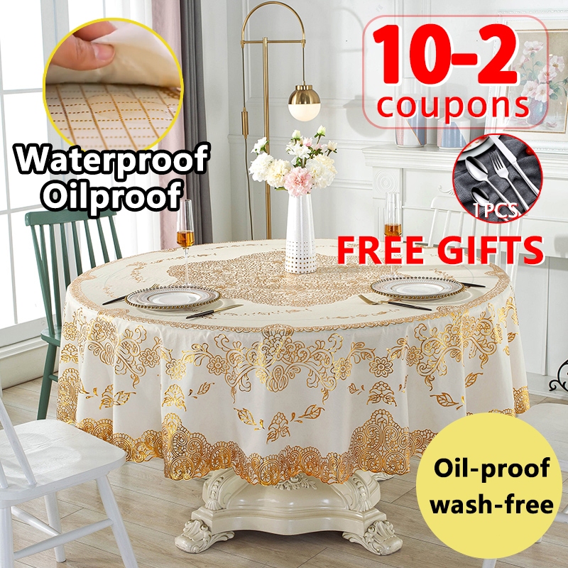 4/6/8 Seaters Round Gold Tablecloth Waterproof Oil Proof Mantel Table ...