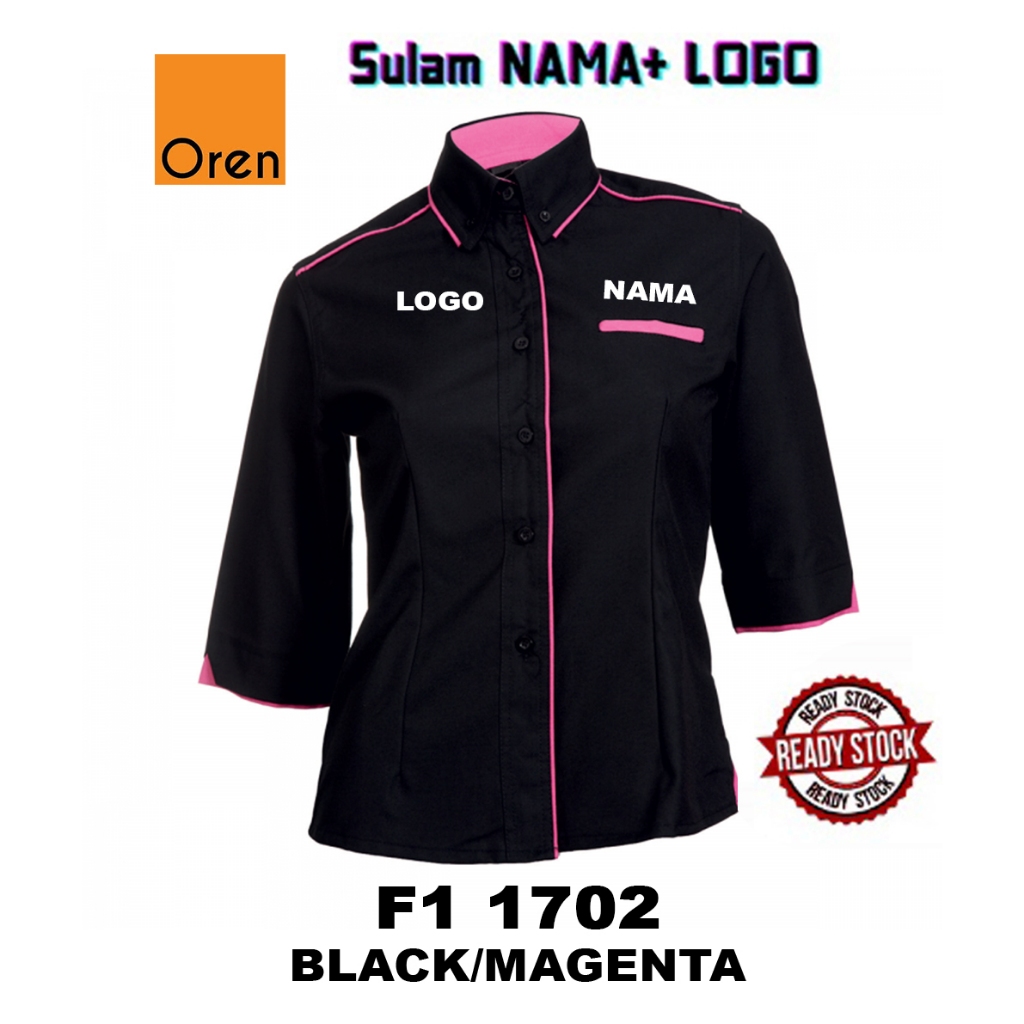 BAJU KORPORATE PEREMPUAN HITAM JALUR MAGENTA LENGAN TIGA SUKU F1 1702 ...