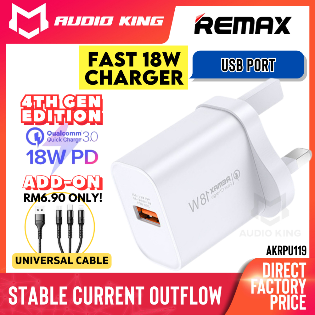 REMAX Charger Fast Charging QC PD Adapter 18W USB Android Kepala ...