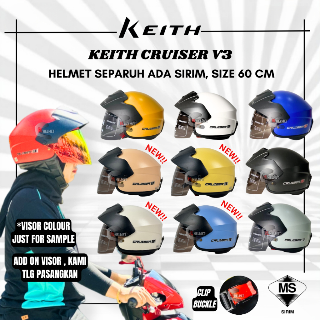 KEITH CRUISER V3 Half Helmet Separuh【Free Tinted Visor】- Topi Keledar ...