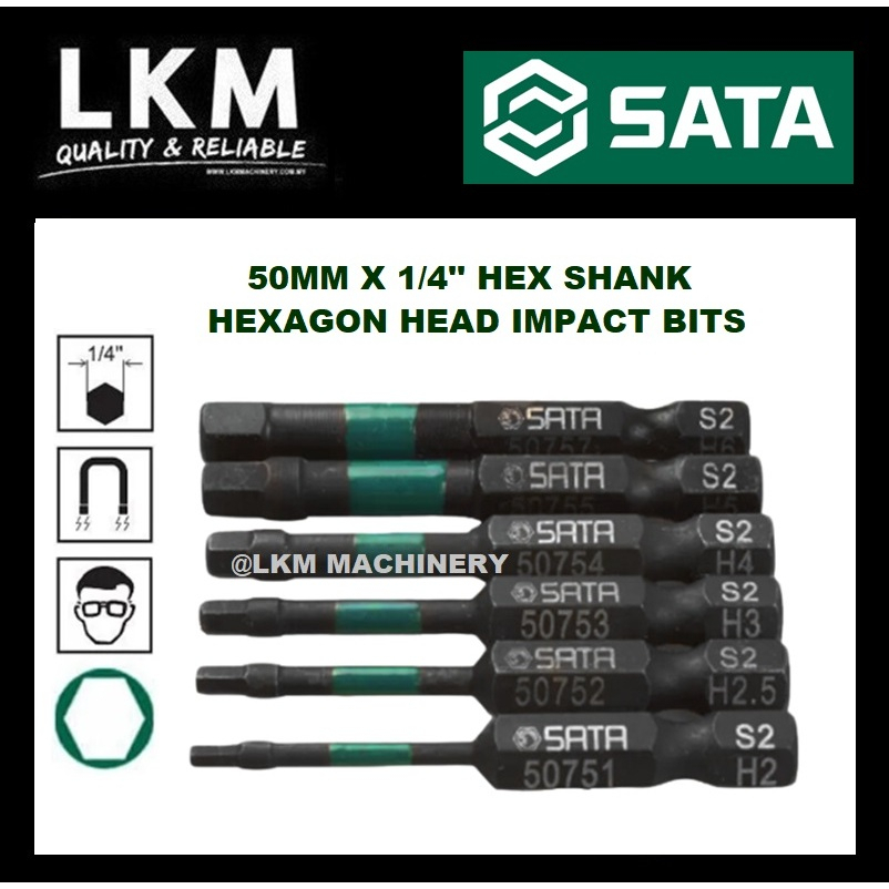 SATA 50mm x 1/4'' Hex Shank Hex Head Magnetic Impact Bit ( 2MM, 2.5MM ...