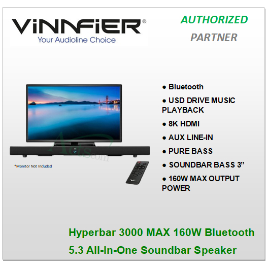 Vinnfier VF Hyperbar 3000 MAX 160W Bluetooth 5.3 All-In-One Soundbar ...