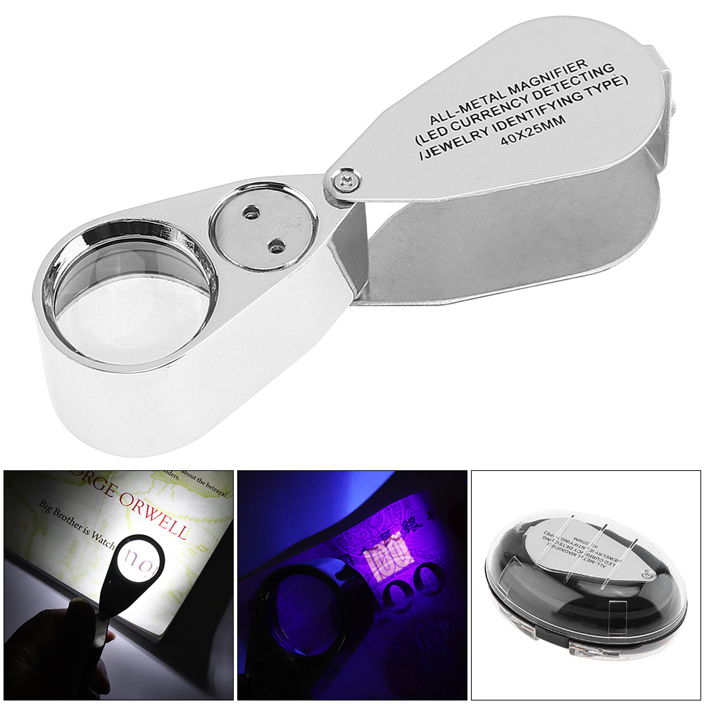 MKR 40X Metal 25mm Magnifying Loupe Jeweler LED UV Glass Lens Jewelery ...