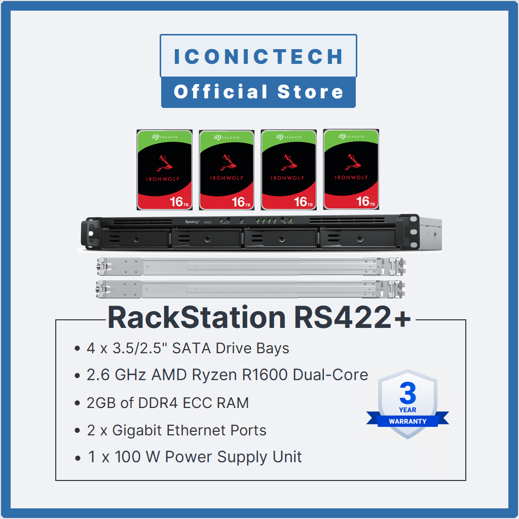 64TB Ironwolf Pro Synology RackStation RS422+ 4-Bay NAS Enclosure ...