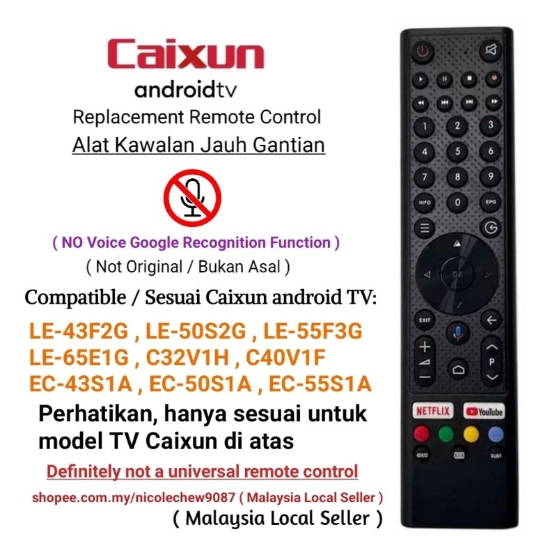 Caixun android LED TV Replacement Remote Control With YouTube & Netflix ...