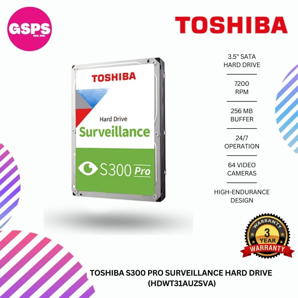 TOSHIBA S300 Pro Surveillance Hard Drive (HDWT31AUZSVA) | Shopee Malaysia
