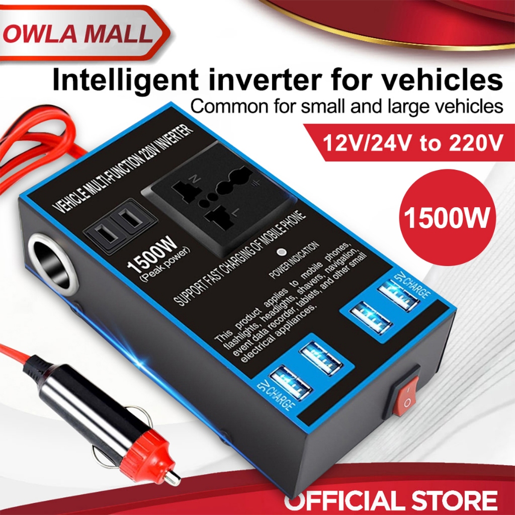 1500W Universal Socket Car Power Inverter 12V/24V to 220V Power Adapter Socket Plug Converter ...
