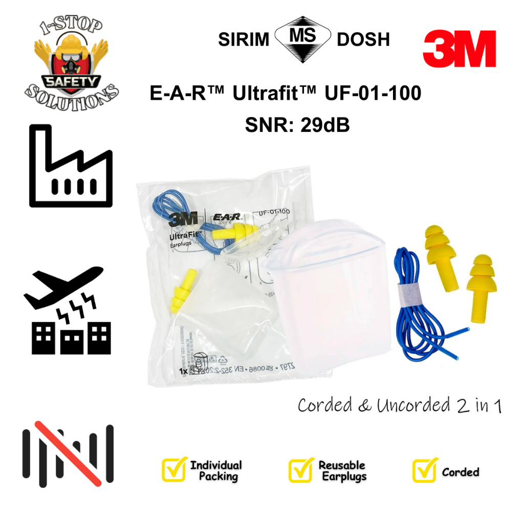 3M 5 Prs/Pck E-A-R Ultra Fit SNR 29dB Corded Uncorded Reusable Earplug ...