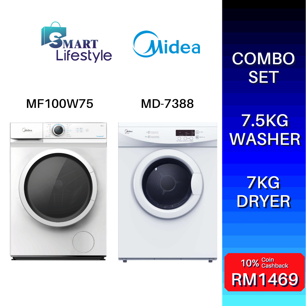 Midea Combo Set 7.5KG Washer MF100W75 + 7KG Dryer MD-7388 | Shopee Malaysia