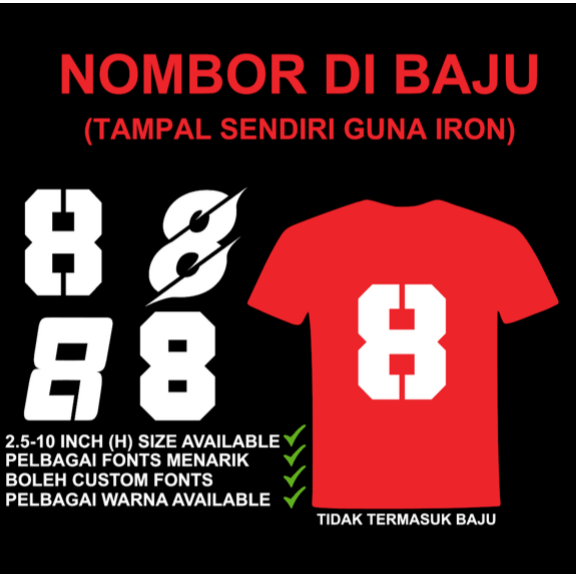 CUSTOM NOMBOR DI BAJU TAMPAL SENDIRI GUNA IRON PERLBAGAI WARNA DAN ...