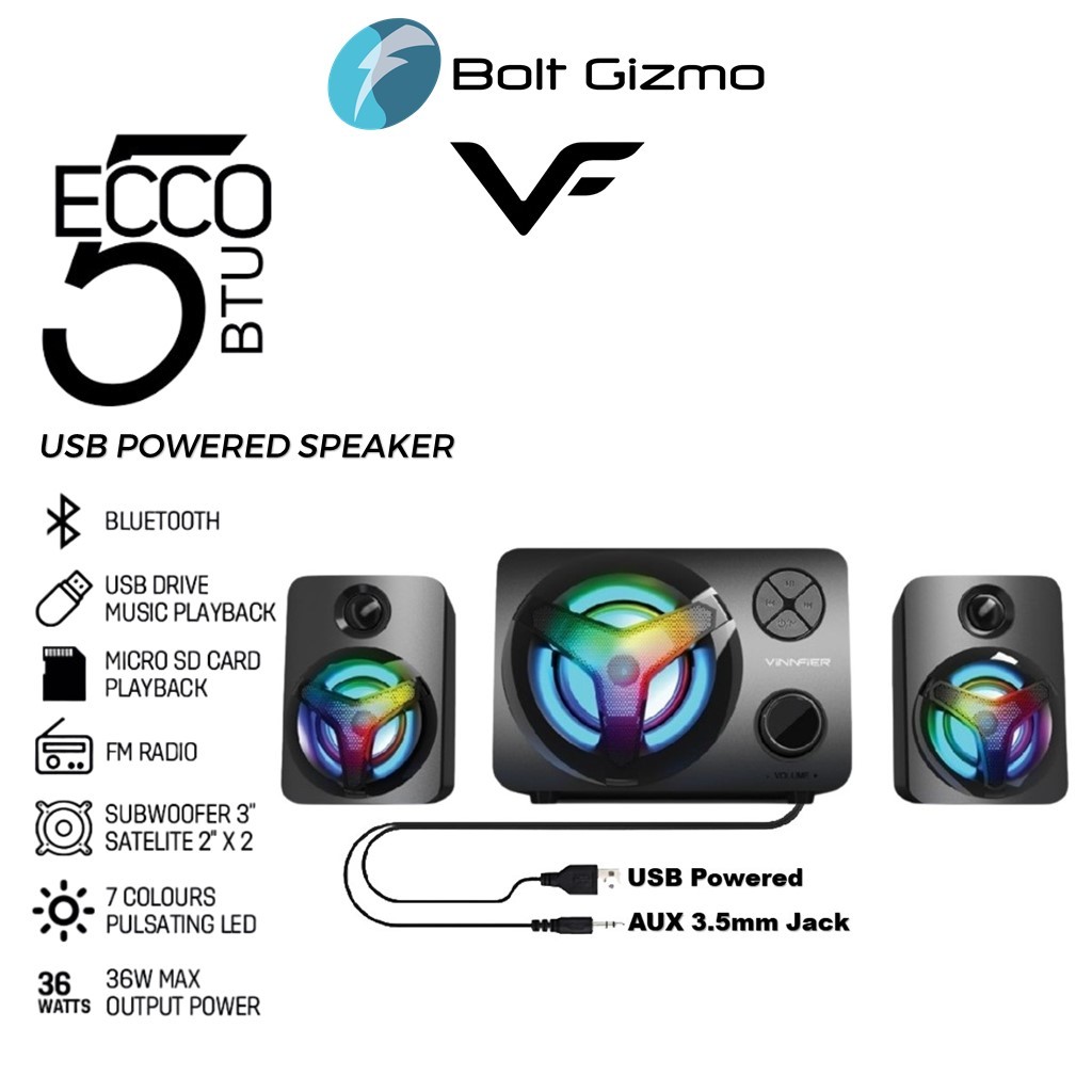 Vinnfier VF ECCO 5 BTU Bluetooth USB Powered 2.1 Speaker LED Lights FM ...