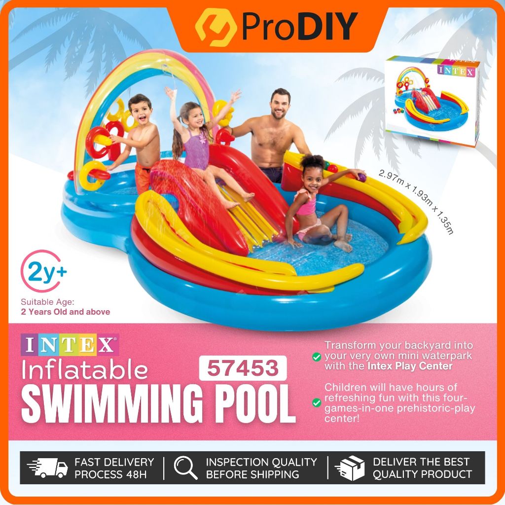INTEX 57453 Rainbow Inflatable Swimming Pool for Kids Water Slide ...