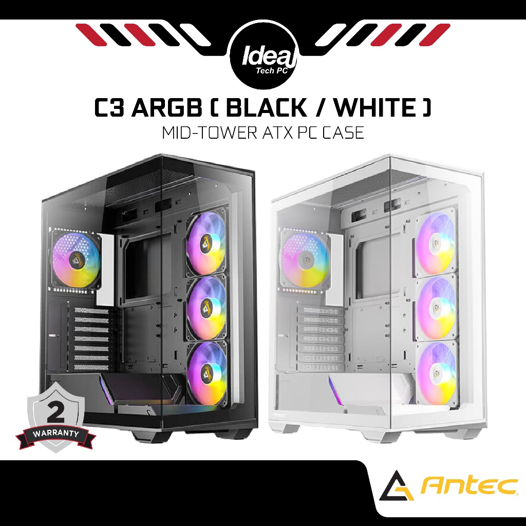 ANTEC C3 ARGB | BLACK / WHITE | Pre-installed 4 x ARGB PWM fans | 270° Full-view tempered glass ...