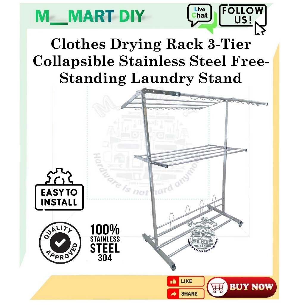 Clothes Drying Rack 3-Tier Collapsible Stainless Steel Free-Standing Laundry Stand for Towels ...