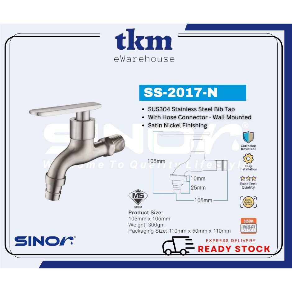 SINOR SS-2017-N SUS304 STAINLESS STEEL BIB TAP WITH HOSE CONNECTOR ...