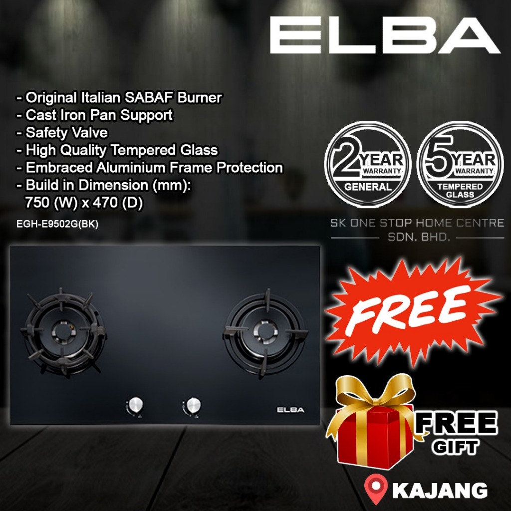 ELBA EGH-E9502G(BK) 5.0kW 2 Burner Built In Glass Hob / Gas Stoves / Glass Stove / Built in Hob ...