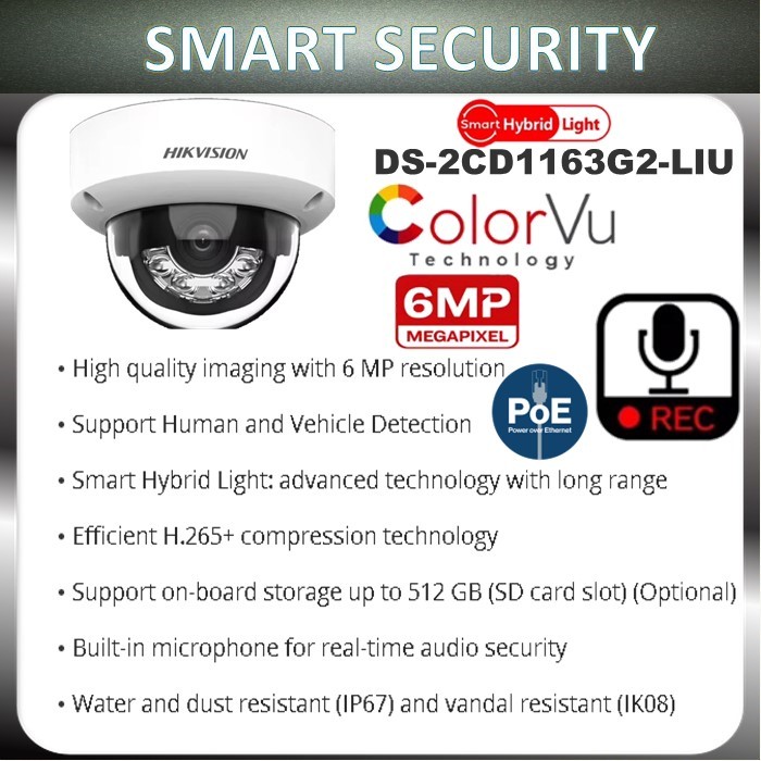 HIKVISION HIK DS-2CD1163G2-LIU 6.0MP POE + COLORVU + MIC / AUDIO Smart Hybrid Light 6MP 2048P IP ...