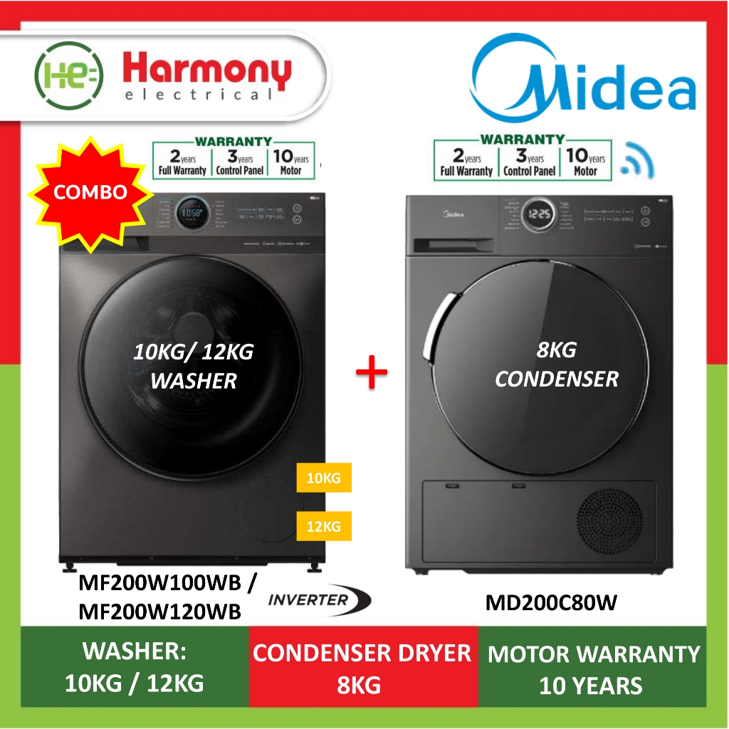 (COMBO) MIDEA 10kg/12kg Front Load Washer Inverter MF200W100WB ...
