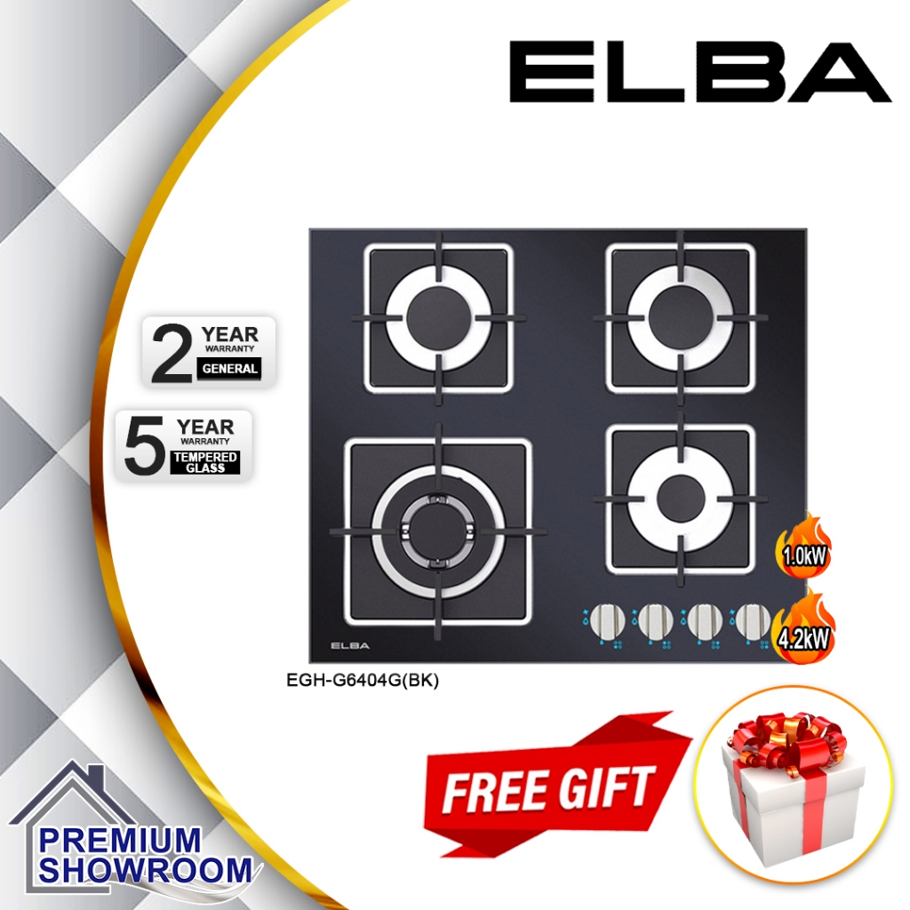 ELBA 4 Burner Built-in Glass Hob (Safety Valve) EGH-G6404G(BK) / SABAF ...