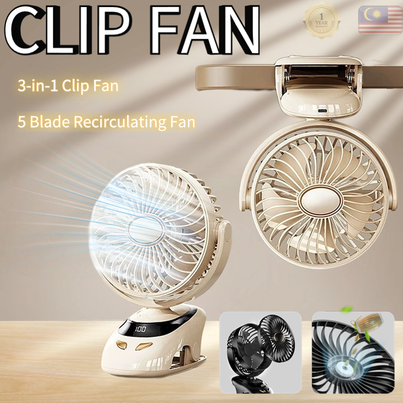 Clip Fan USB Rechargeable Portable Fan LED Smart Display 5-speed ...