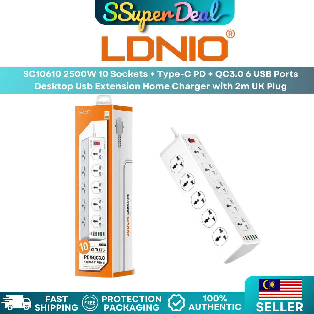Ldnio SC10610 2500W 10 Sockets + Type-C PD + QC3.0 6 USB Ports Desktop ...