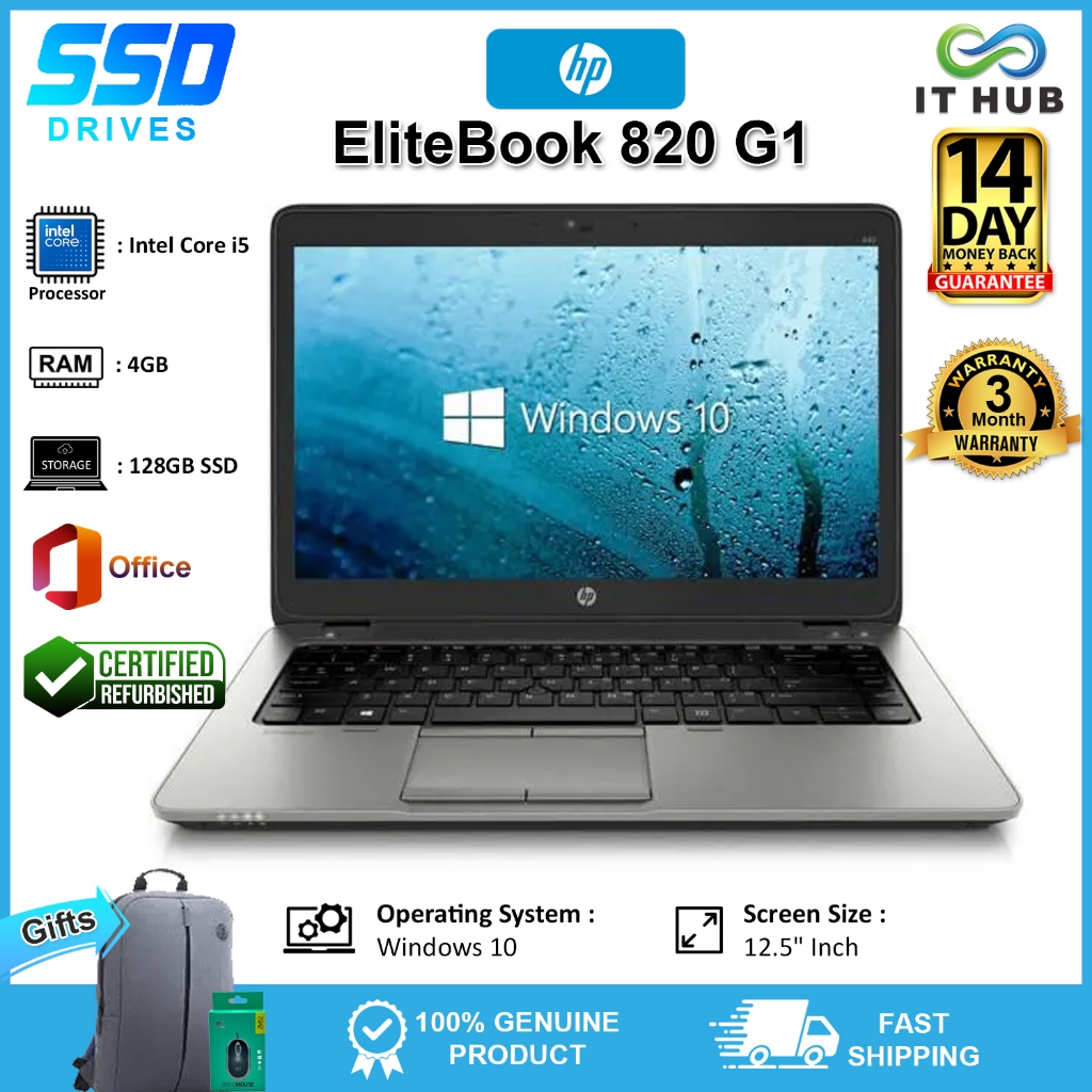 HP Elitebook 820 G1-core i5-12.5"inch Display-4GBRAM-128GB SSD-Windows 10-HD Webcam-wi-fi-HD ...