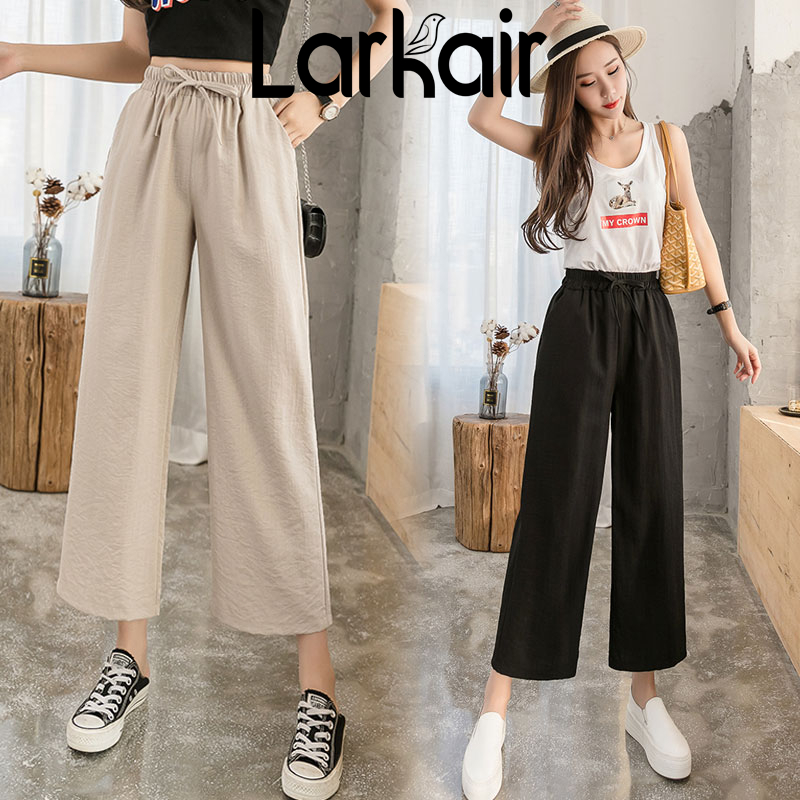 Plus Size S-4XL Women Wide Leg Long Pants Linen & Cotton High Waist ...