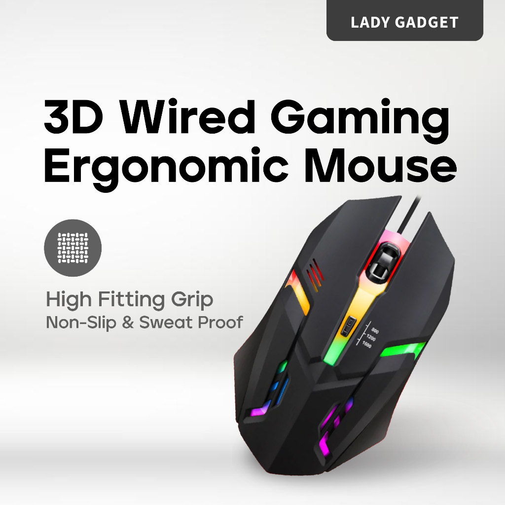 3D USB Optical Wired Gaming Ergonomic Mouse With Auto Sync RGB LED ...