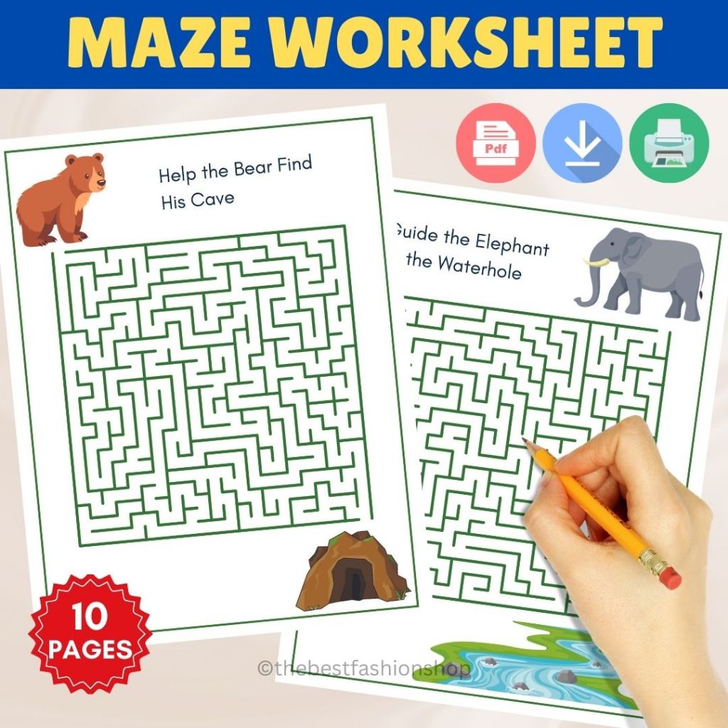 A013 [PDF] Animal Adventure Maze Printable Worksheet Activity Pages ...
