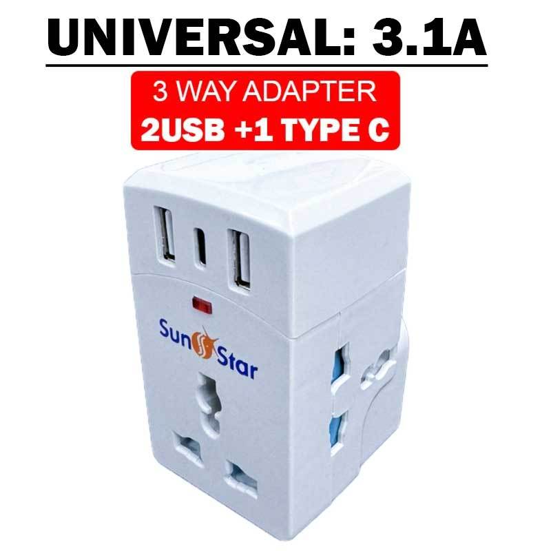 13A 3 Way Adapter Adaptor Plug with 2 UBS port and 1 Type C Charger ...