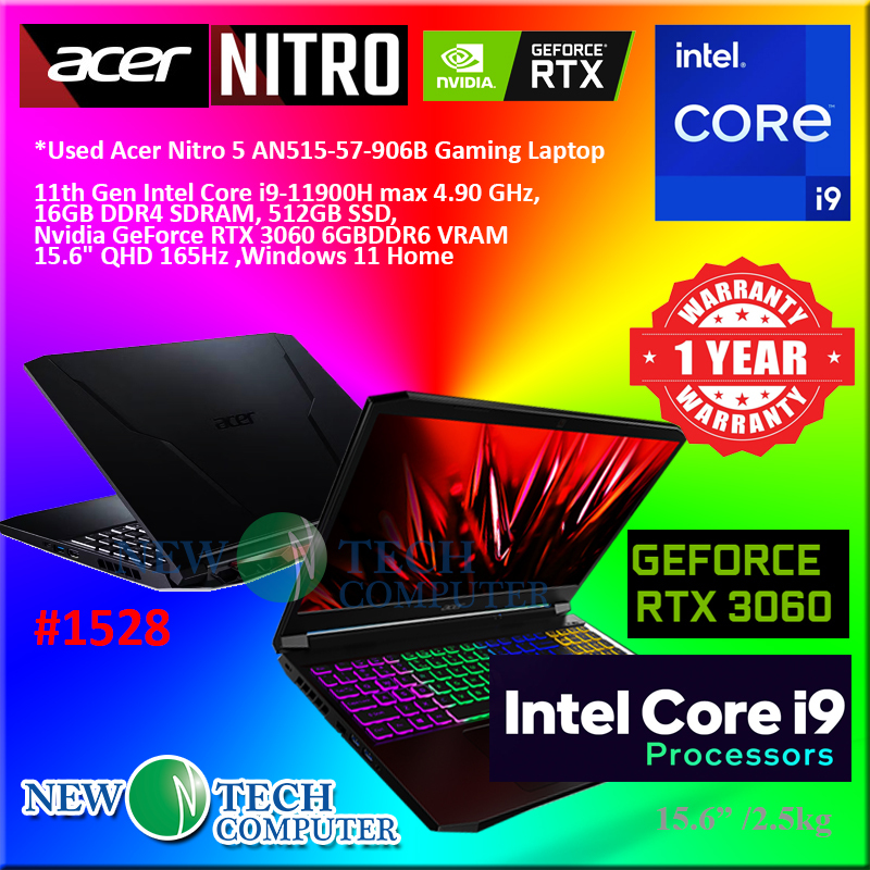 #1528 *Used Gaming Acer Nitro 5 AN515-57-906B Intel Core i9-11900H 16GB RAM 512GB M.2SSD Nvidia ...